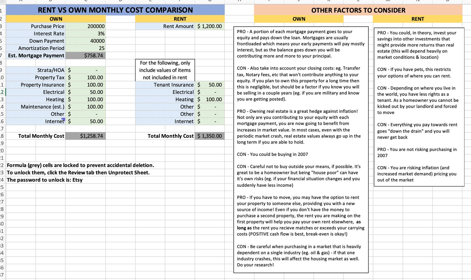 Rent Vs. Own Cost Comparison Spreadsheet | Google Sheets Mortgage ...