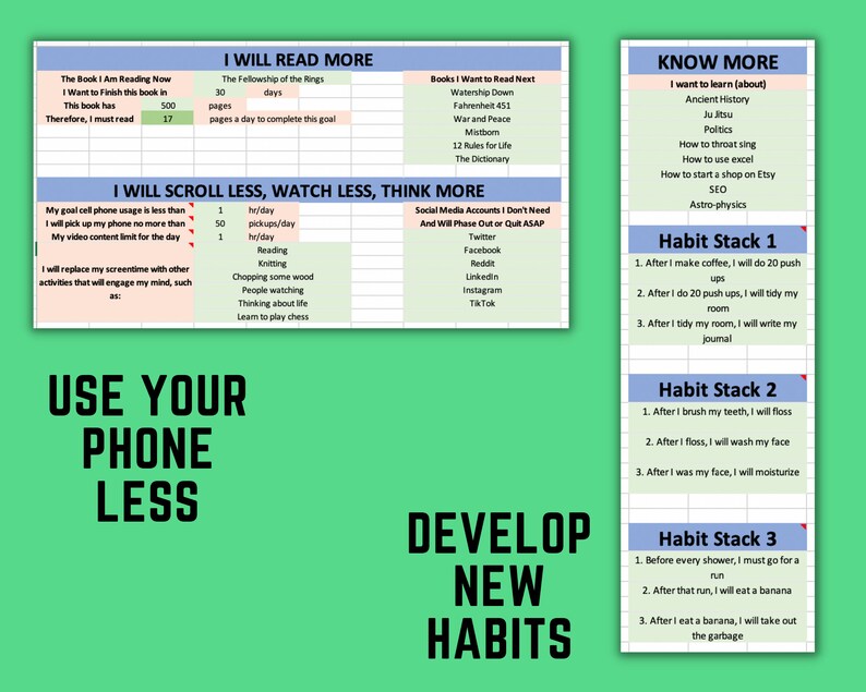 Self-improvement Planner | Goal Setting & Habit Stacking Tracker ...