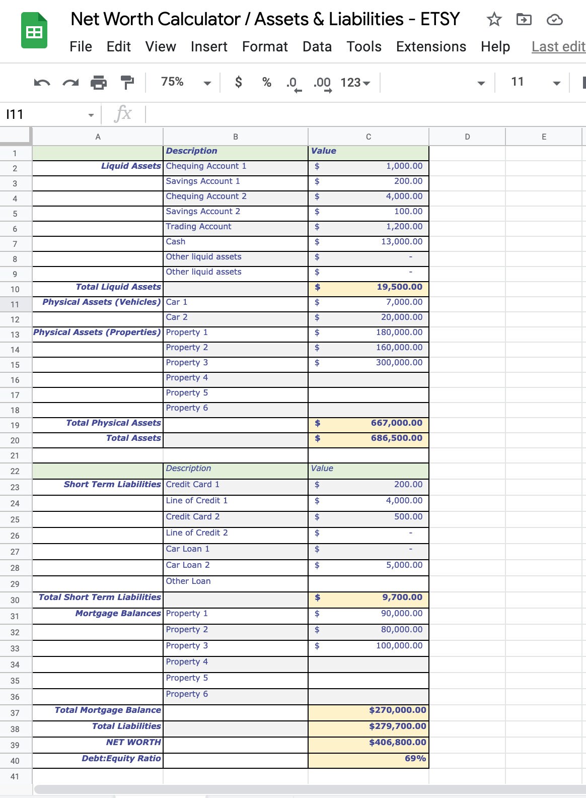 Net Worth Calculator, Balance Sheet, Assets and Liabilities Google ...