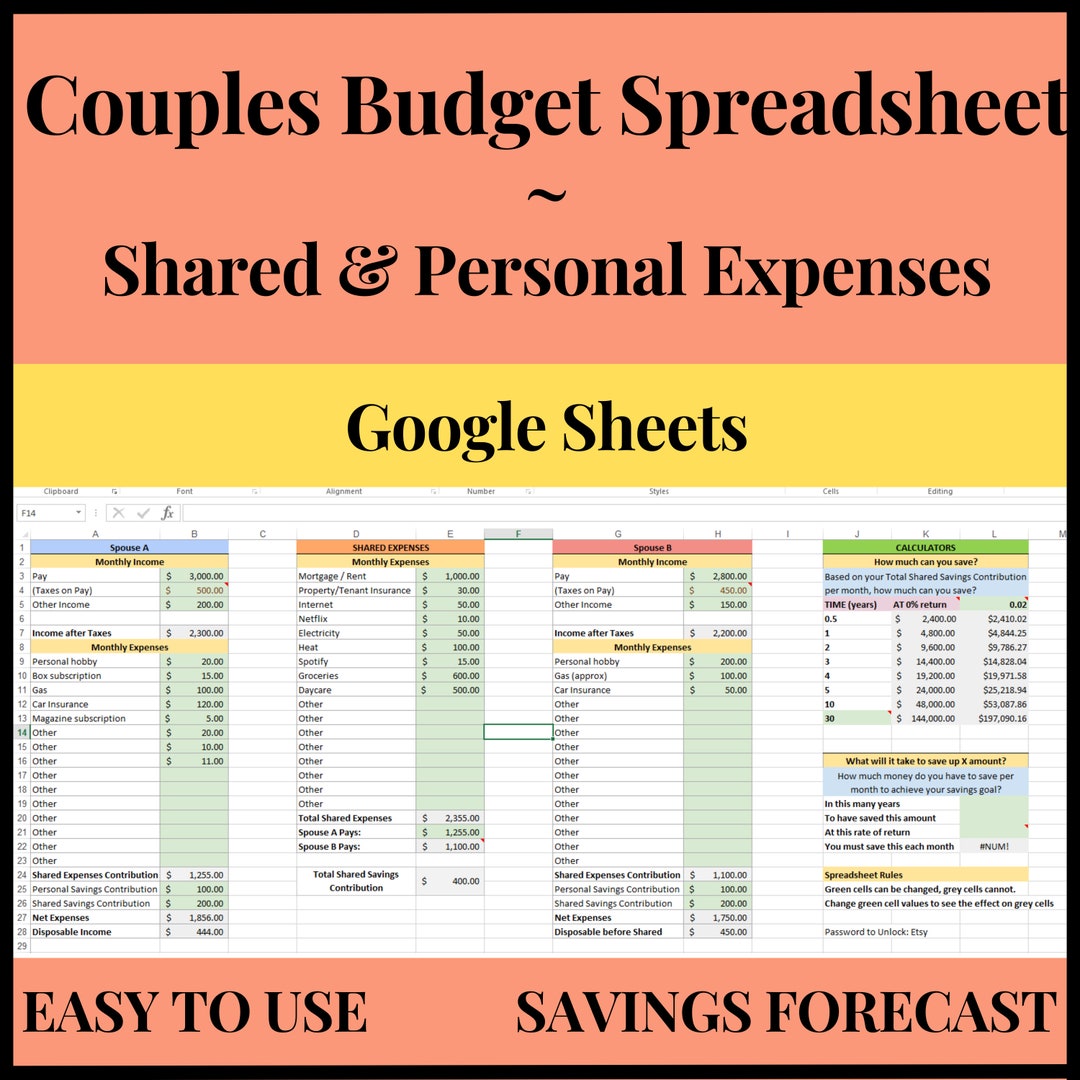 Couples Budget Spreadsheet | Shared and Personal Expenses | Savings ...