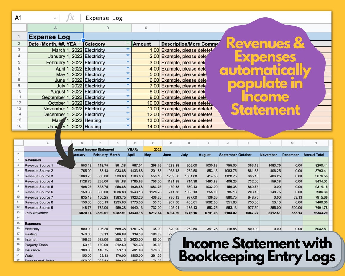 Small Business Bookkeeping Income Statement Spreadsheet, Income and ...