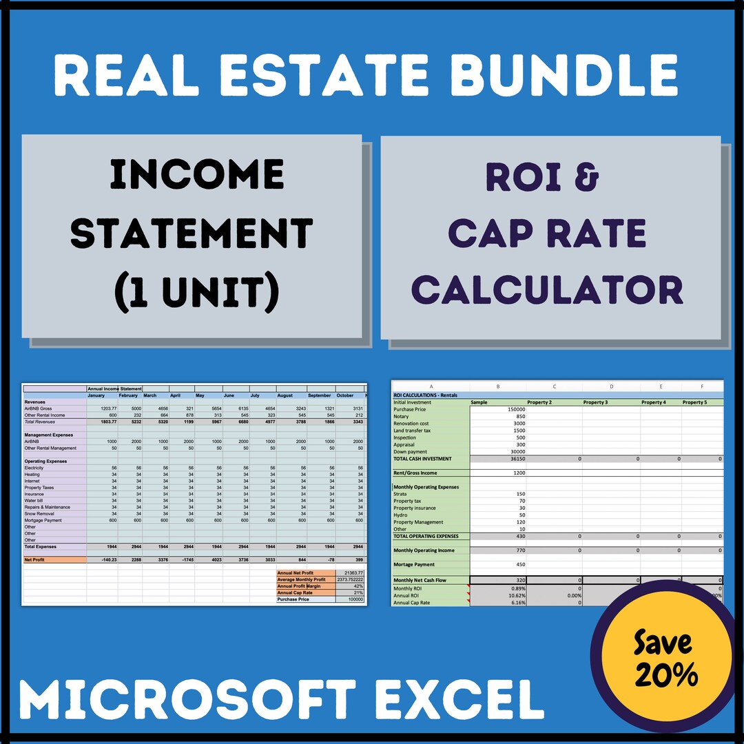 Income Statement & ROI Cap Rate Calculator Real Estate BUNDLE Determine ...