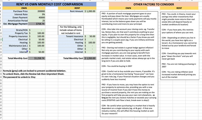 Rent Vs. Own Cost Comparison Spreadsheet | Excel Mortgage & Expense ...