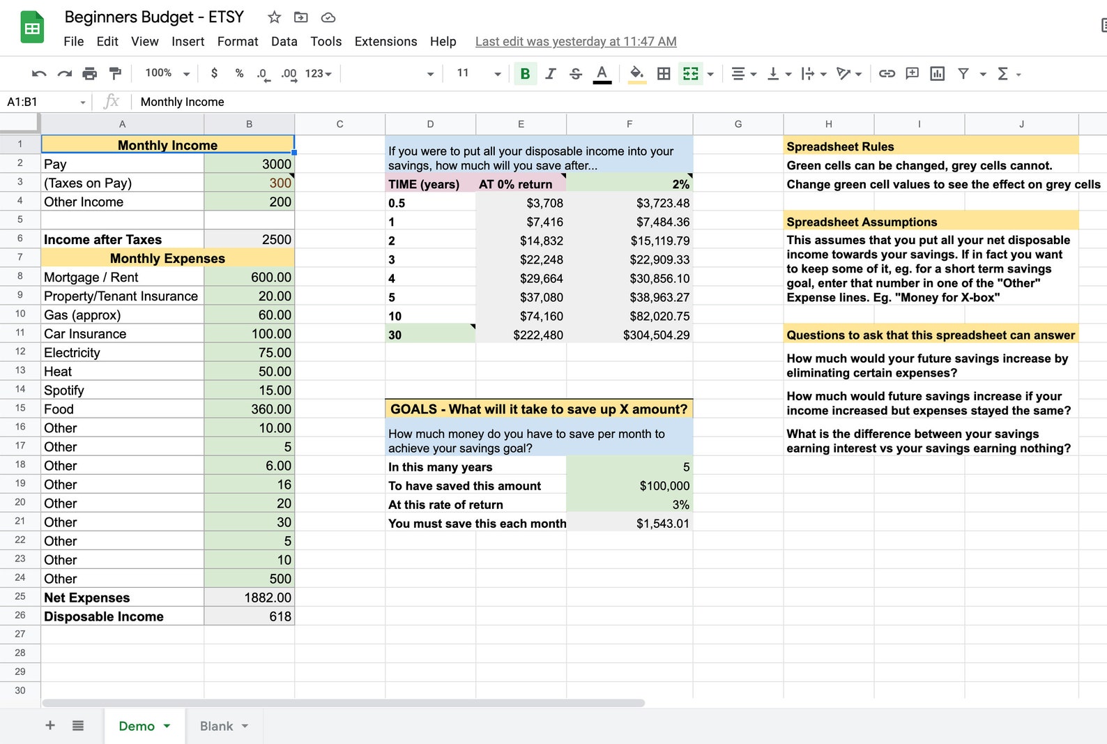 Personal Budget Template and Savings Calculator for Beginners, Google ...