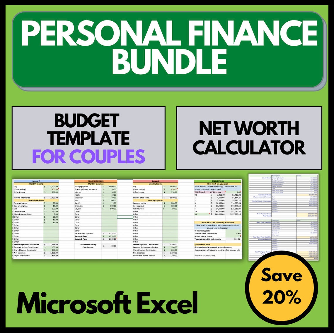 Personal Finance Bundle for COUPLES on Excel Couples Budget and Net ...