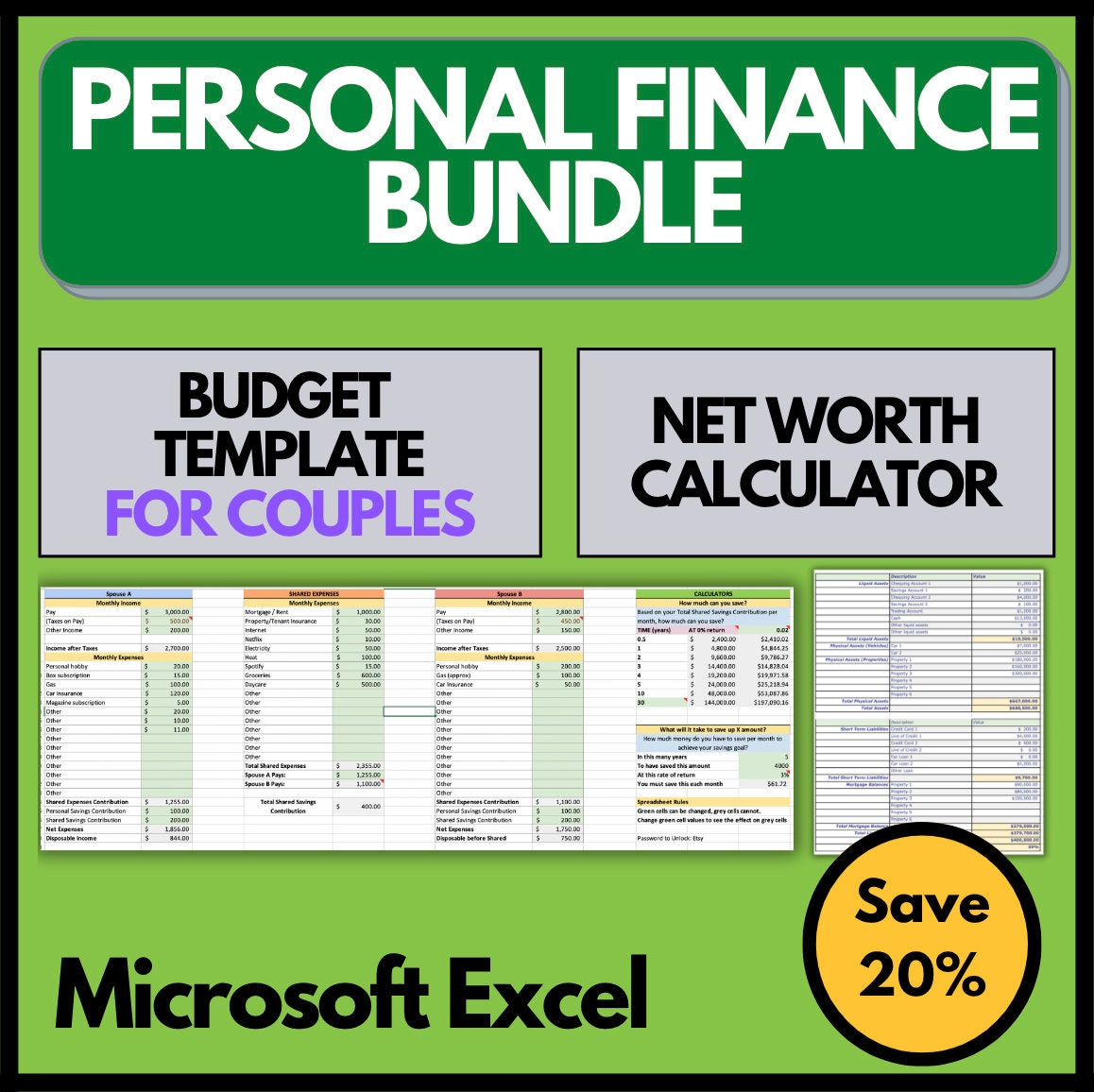 Personal Finance Bundle for COUPLES on Excel Couples Budget and Net ...