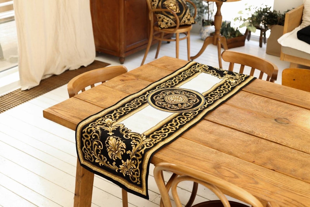 Black Gold Tapestry Fabric Table Runner, Baroque Gobelin Table Runner ...