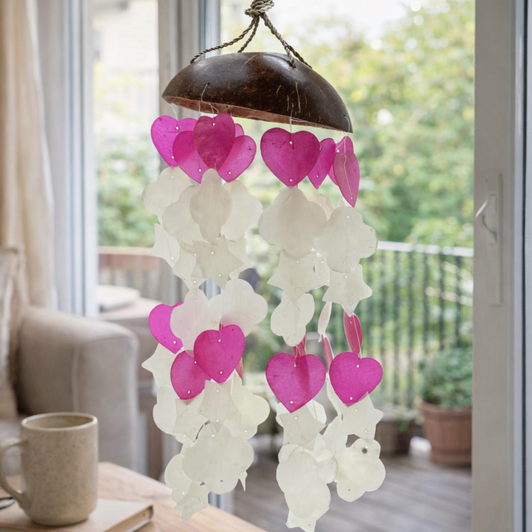 Driftwood Capiz Wind Chime Pink White Handmade Boho Home Indoor ...