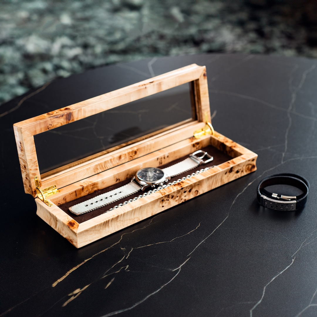 Engraved Mappa Burl Wood Watch Box: Handmade Glass Lid Display Case - Etsy