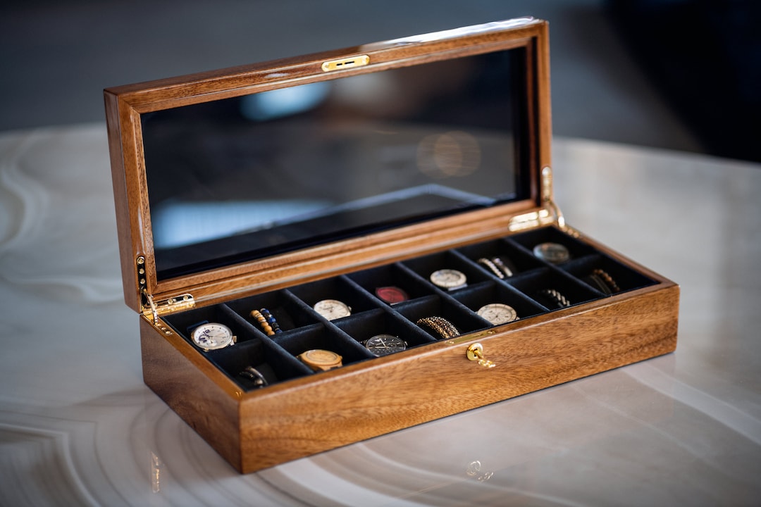 Luxury Watch Storage Box With 14 Individual Slots, Ebony and Acacia ...