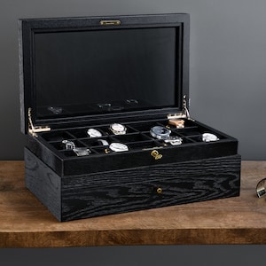 Luxury Black Oak Watch Box With Drawer, Birthday Gift, Large Watch ...
