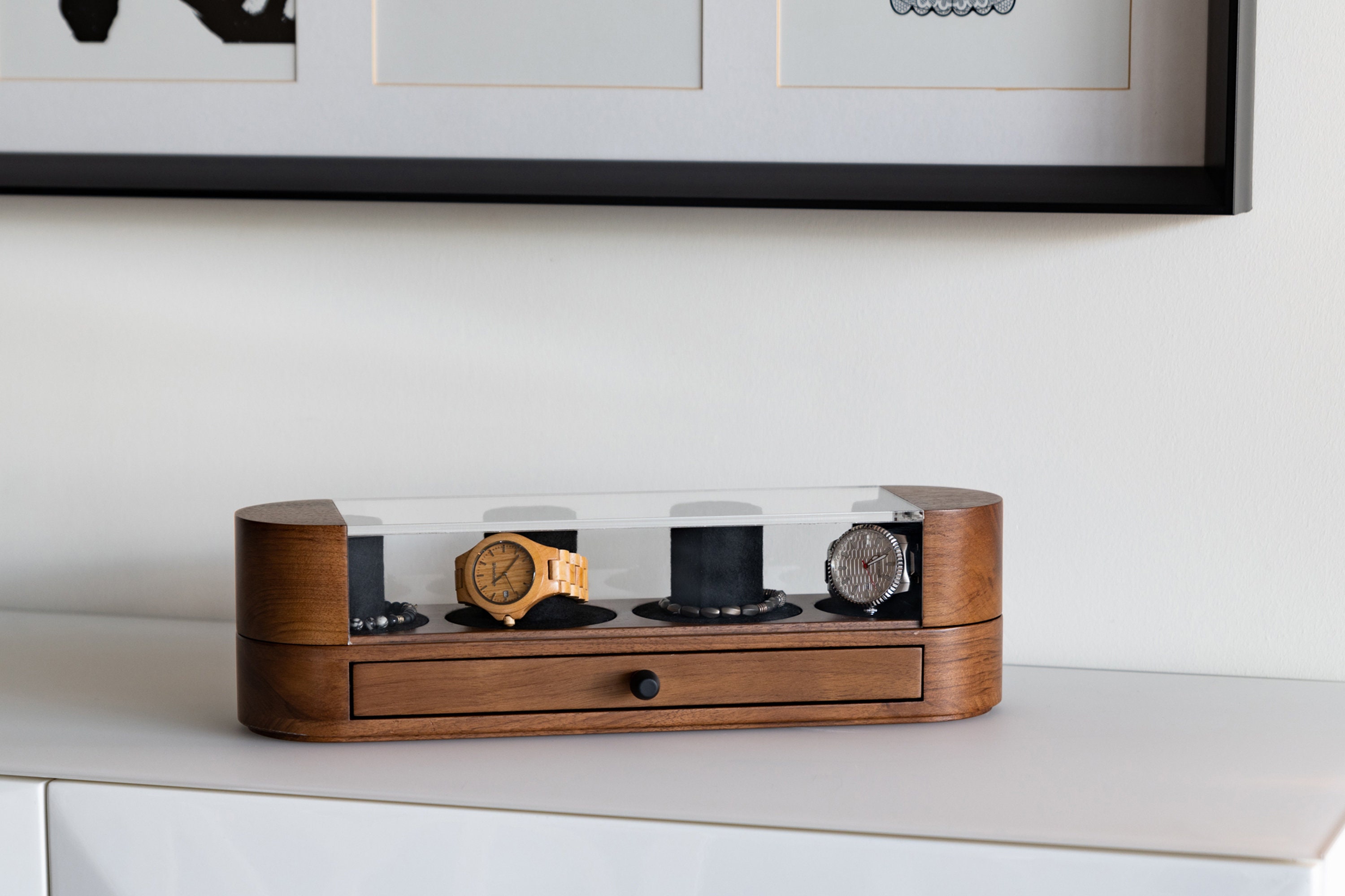 Walnut & Black Oak Watch Box With Drawer: Handmade Wood Watch Display ...