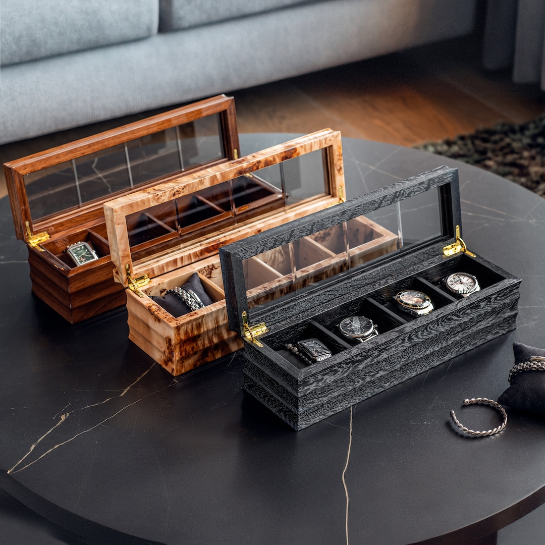 Black Oak Watch Box, Handmade Timepiece Case With Glass Top, Modern ...