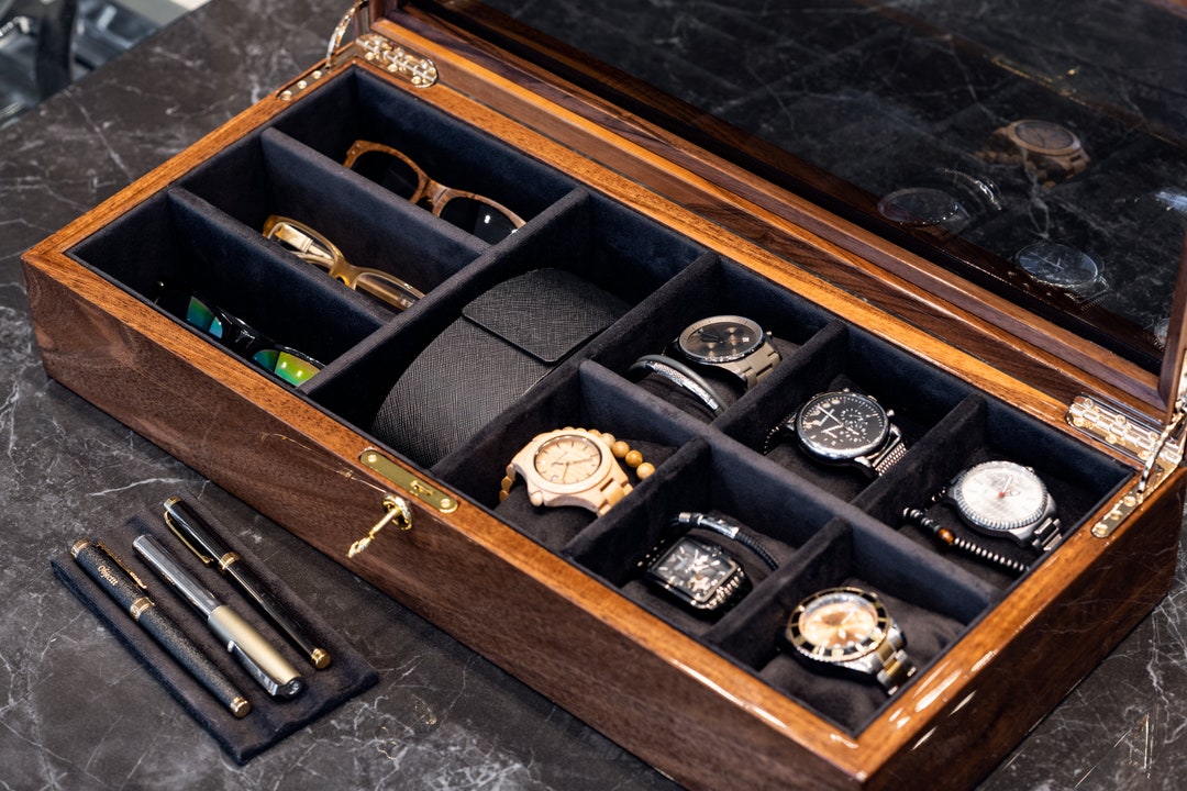 Walnut Wood Accessory Box With Multiple Compartments, Black Fabric ...