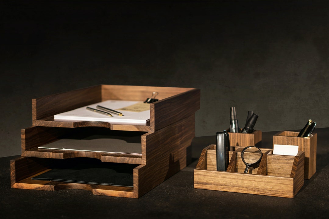 Walnut Office Desk Organizer Set: Wooden Office Accessories - Etsy
