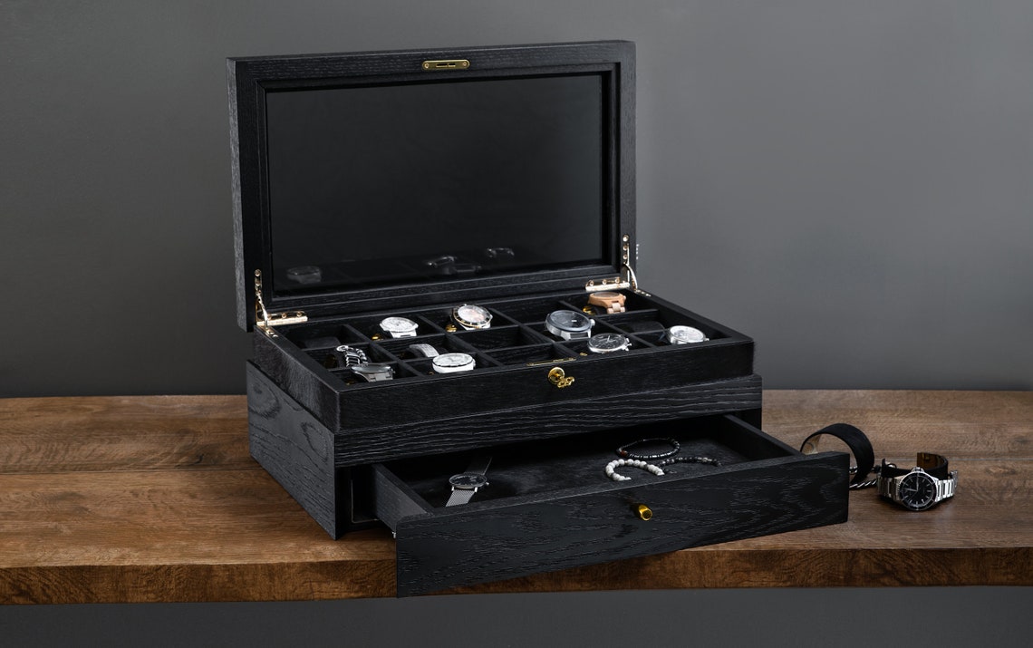 Luxury Black Oak Watch Box With Drawer Birthday Gift Large - Etsy