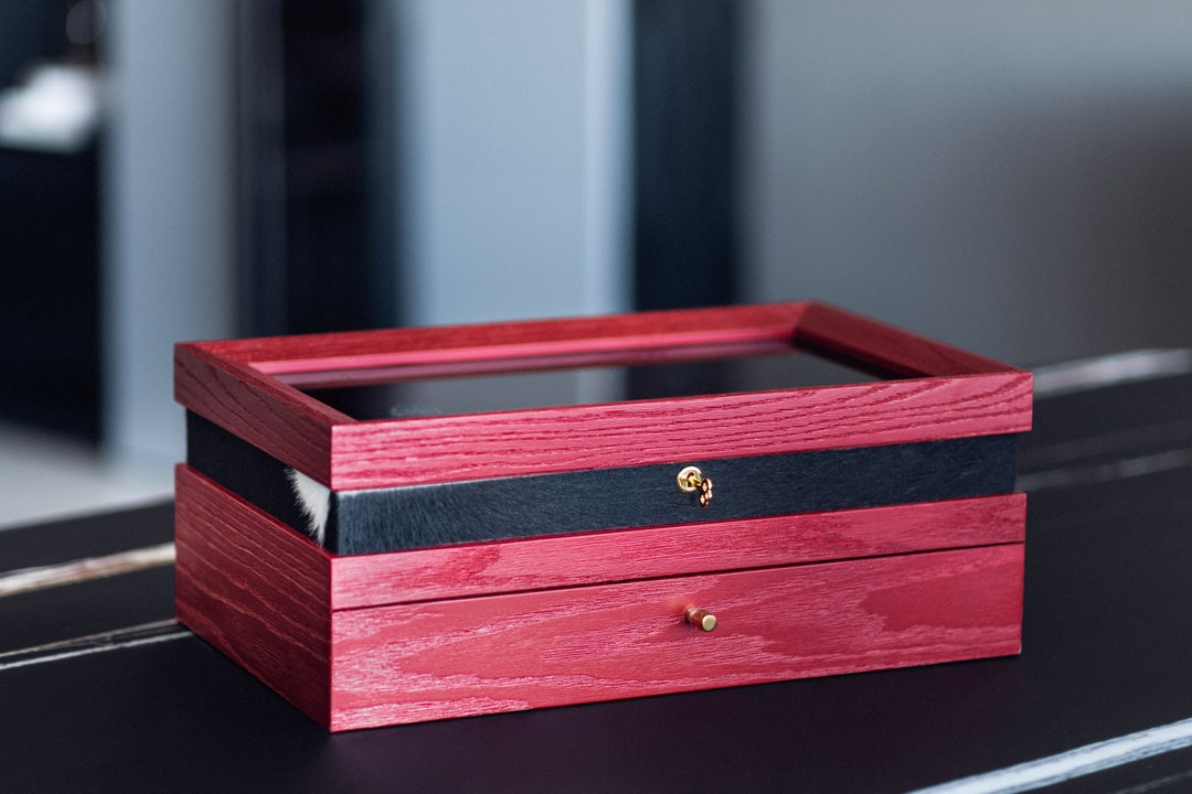 Special Edition Ruby Red Oak Watch Box With Glass Lid and Real Leather ...