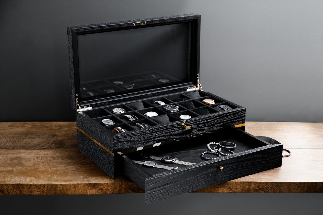 Black Oak Watch Box With Drawer: Large Wooden Watch Organizer - Etsy