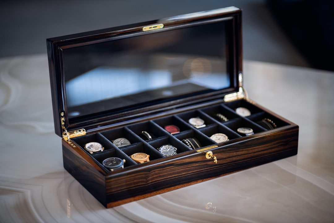 Handmade Acacia & Ebony Wood Watch Box: 14 Compartment Display Case - Etsy