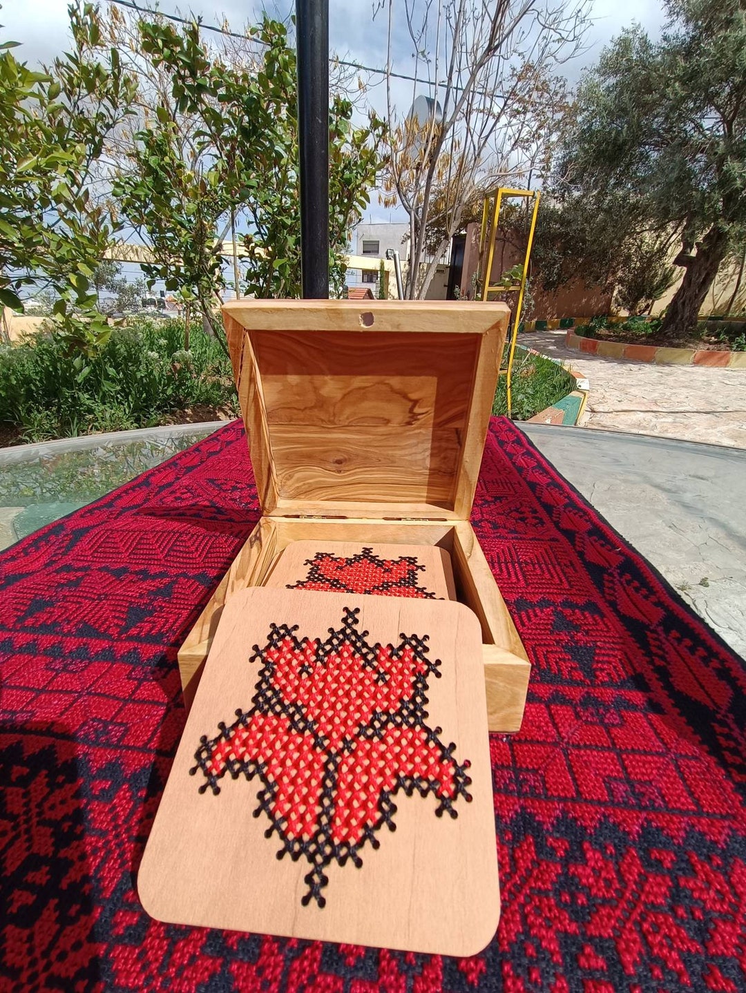 OLIVE WOOD BOX & Coasters Palestinian Cities Embroidery Pattern ...