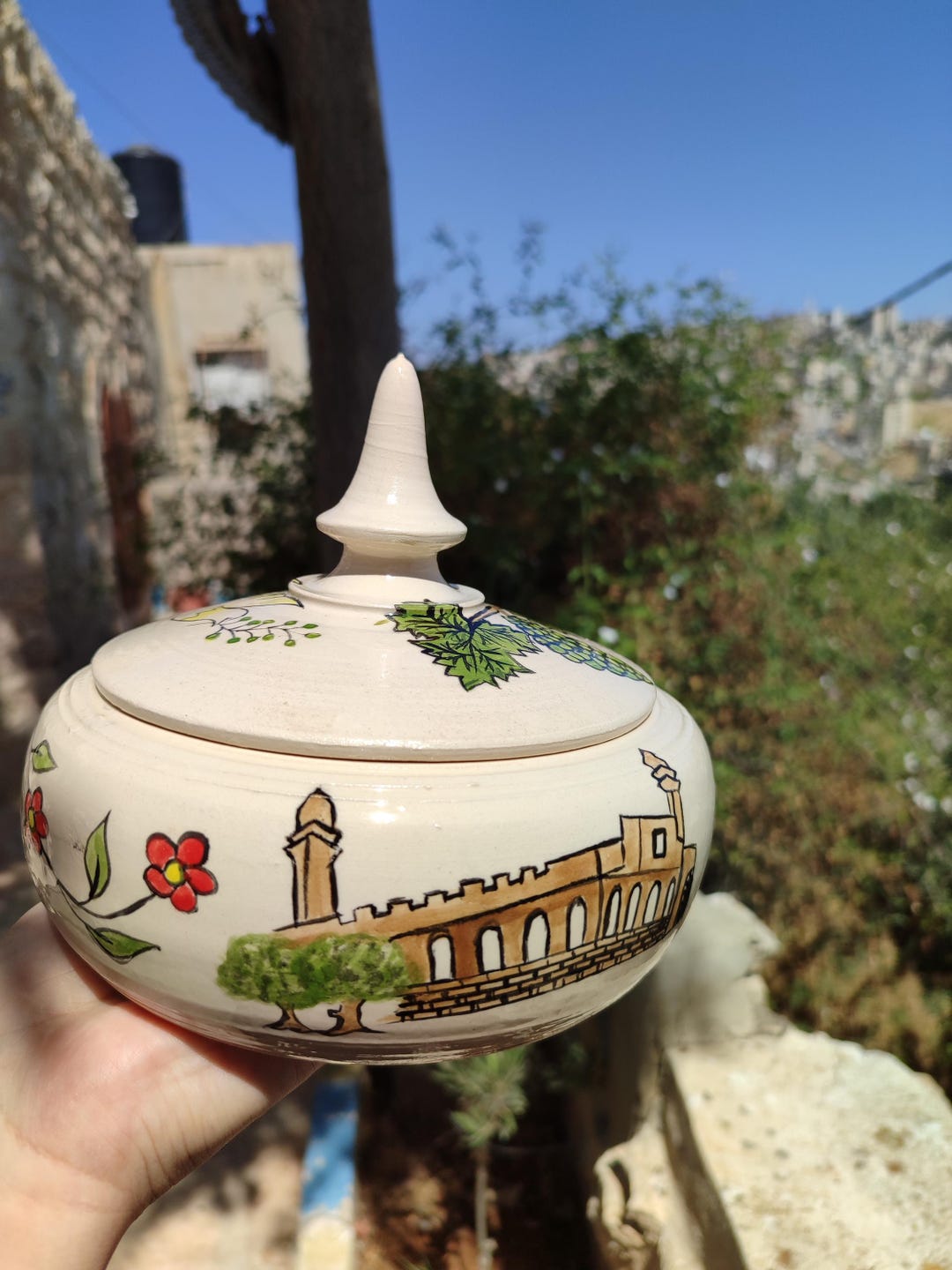LIDDED POTTERY JAR Handmade on Wheel Al-khalil City Design Peace Dove ...