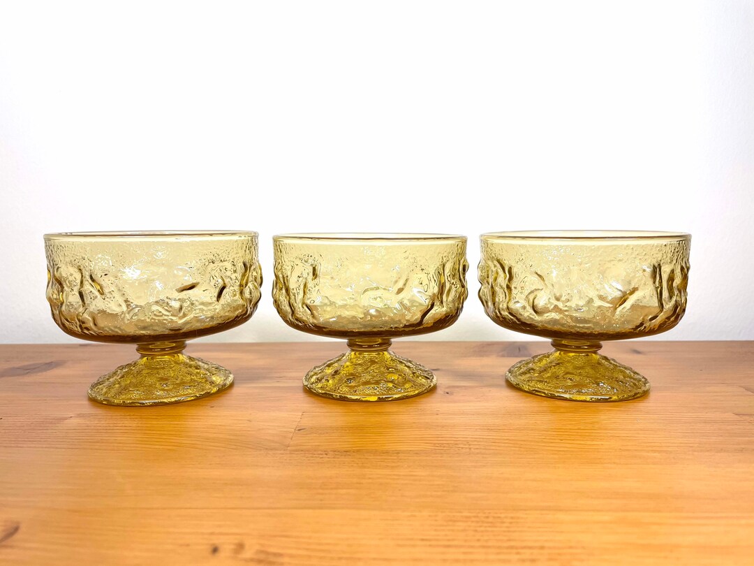 Set of 3 Textured Amber Glass Stemmed Bowls; Short Stemmed Textured ...