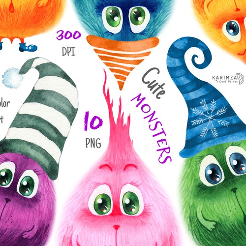 Cute Little Monsters Clipart With Watercolor Illustration - Etsy