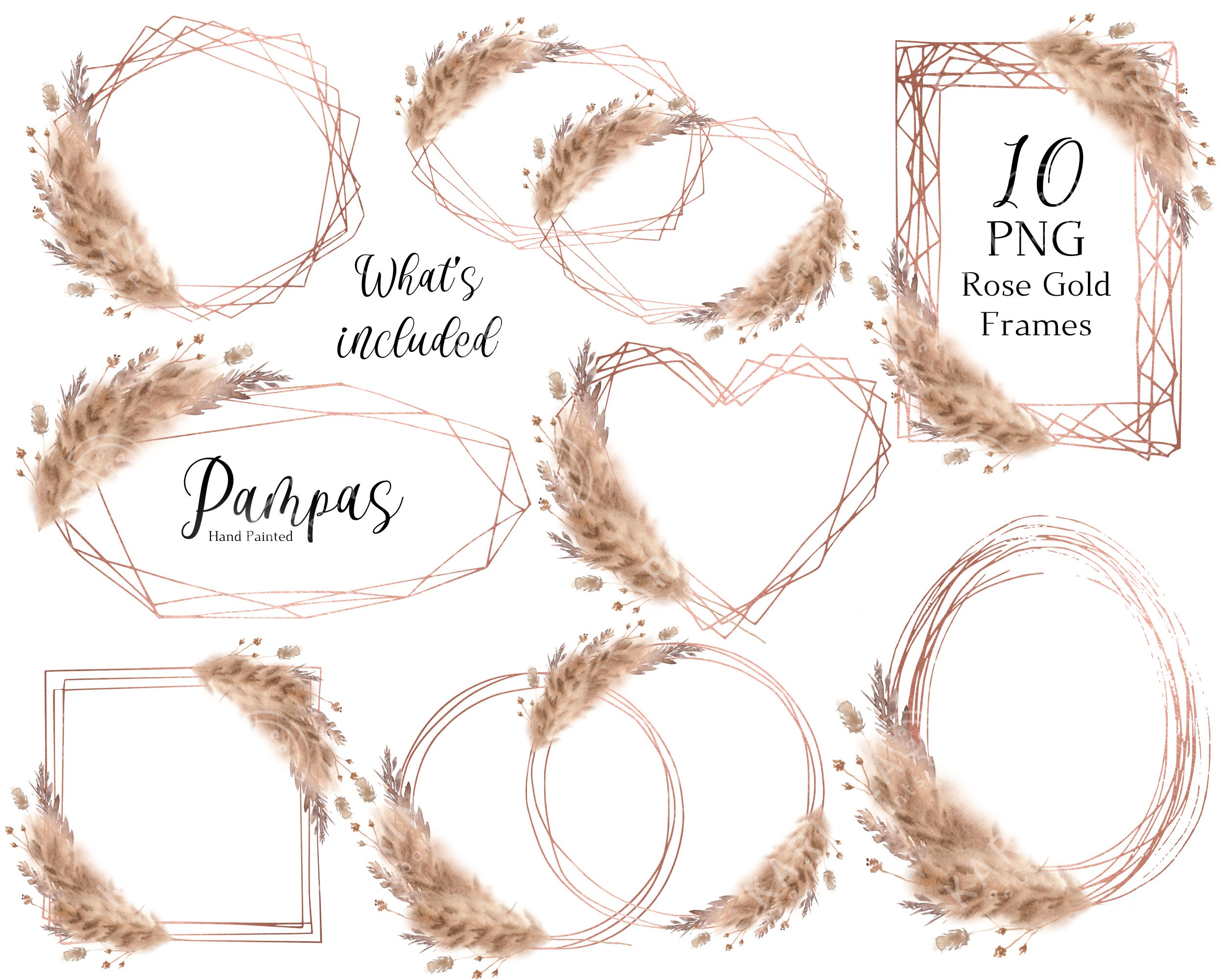 Pampas Grass Clipart, Rose Gold Polygonal Frame Clip Art, Boho ...