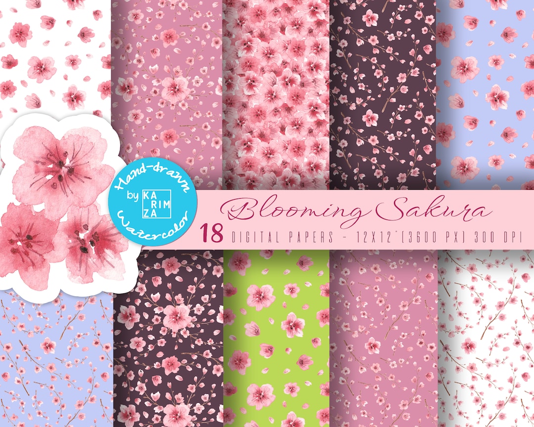 Watercolor Cherry Blossom Floral Digital Papers, Sakura Flowers ...
