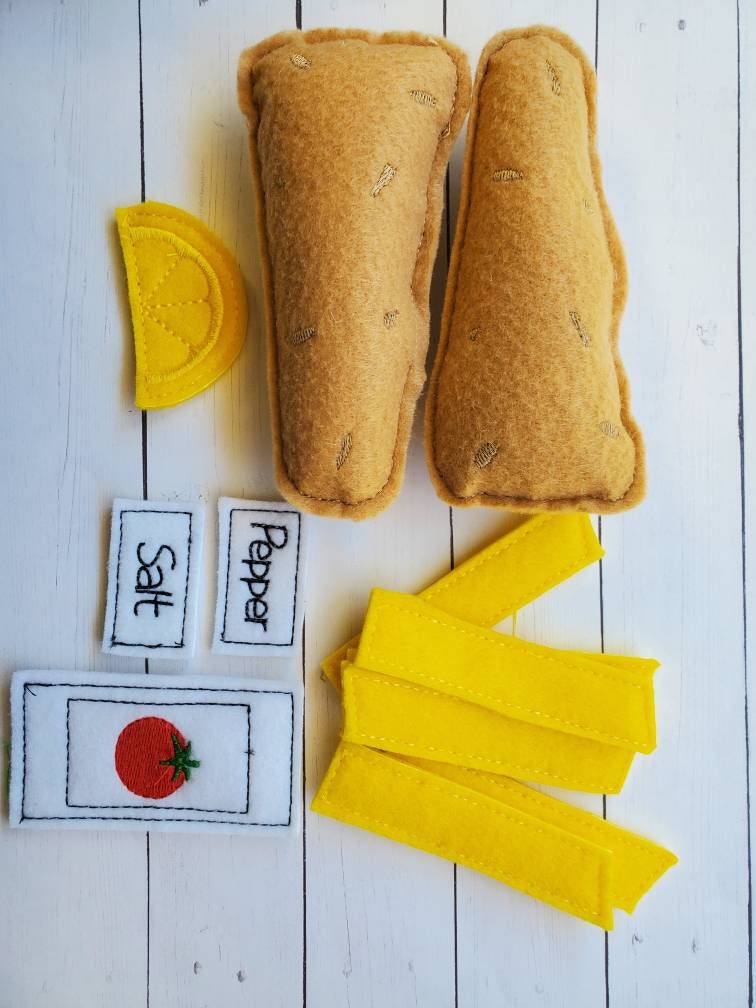 Fish and Chips, Felt Dinner Set, Felt Fish, Play Kitchen, Pretend Play ...