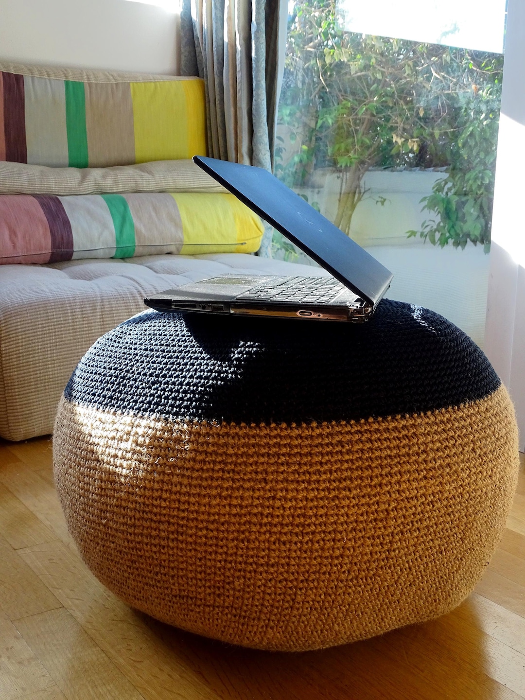 Pouffe From Cotton and Jute, Pouf From Twine, Stuffed Twine Crochet ...
