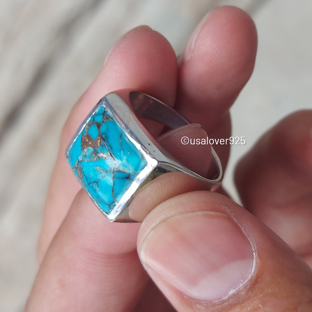 Handcrafted Natural Blue Copper Turquoise Ring 925 Sterling Silver ...
