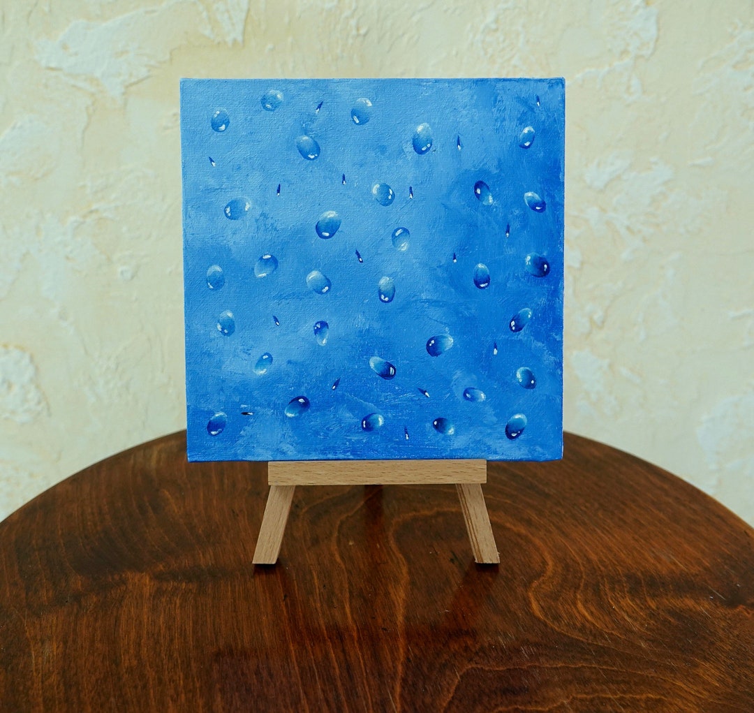Abstract Miniature Oil Painting on Canvas Blue Drops Art Original Decor ...
