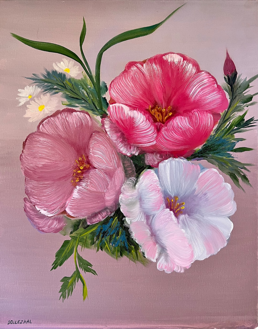 Three Rose Flowers Oil Painting Original Canvas on Wooden Stretcher ...