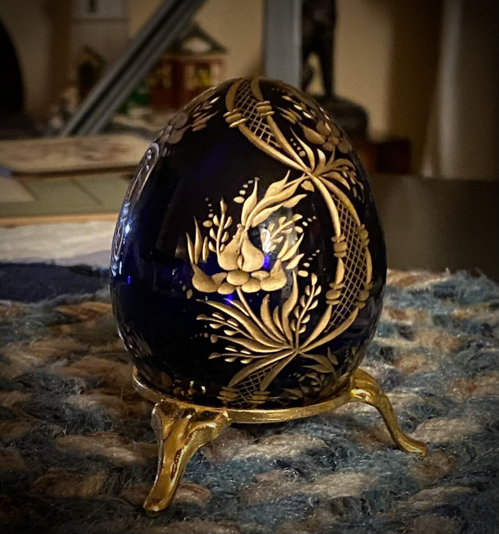 Faberge Egg Deep Blue Glass With Carved Bouquets of Wheat - Etsy