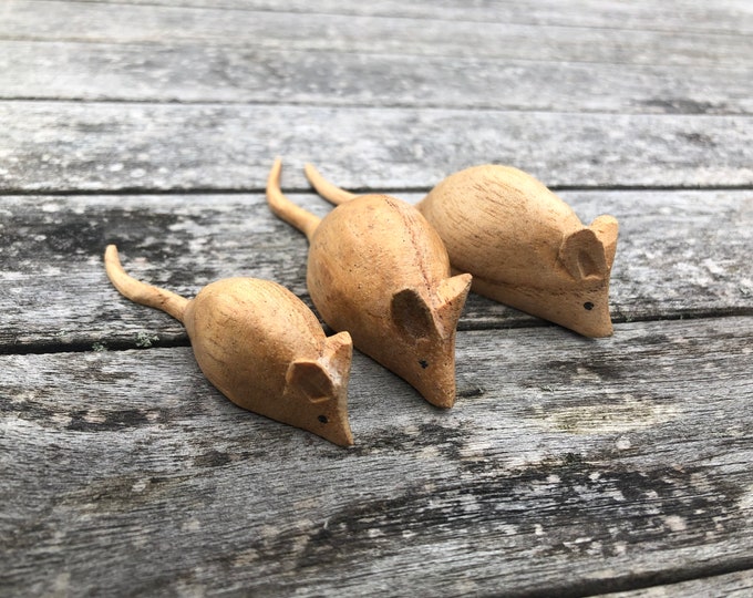 3pcs Mice FAMILY Wooden Handmade Carved Lovely 8-10cm Mouse Natural ...