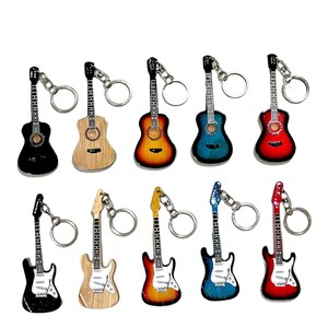 5 Colours Mini Guitar Keyring 10cm/5 Designs Wooden Handmade Music Key ...
