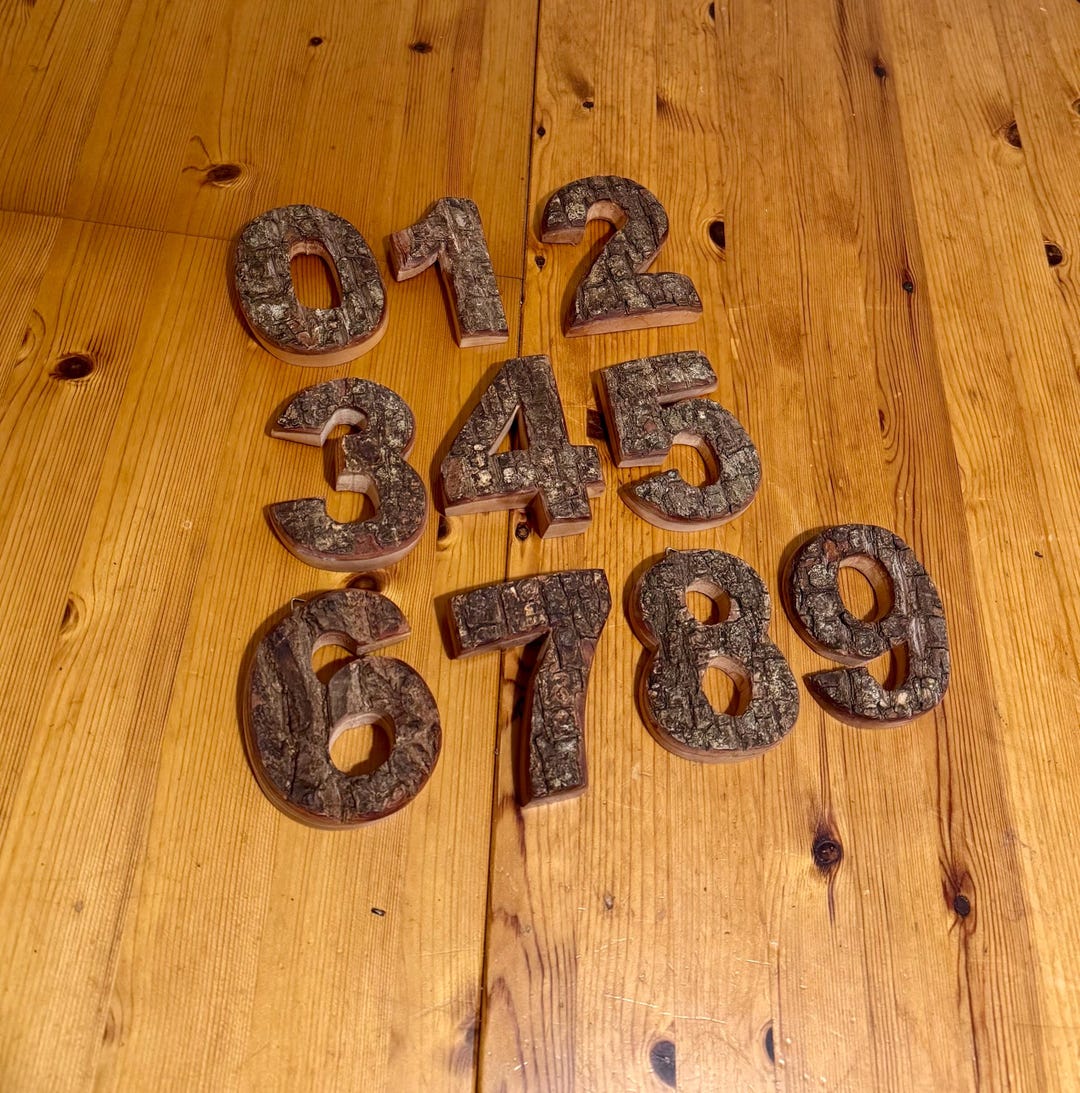 Rustic Chunky Wooden Numbers – 10cm With Natural Bark & Hanging Clip ...