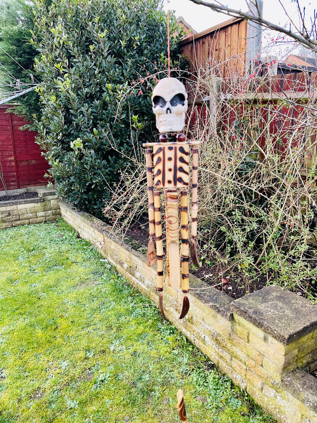 Large Skeleton Wind Chime Bamboo Natural Hand Painted Garden Ornament ...