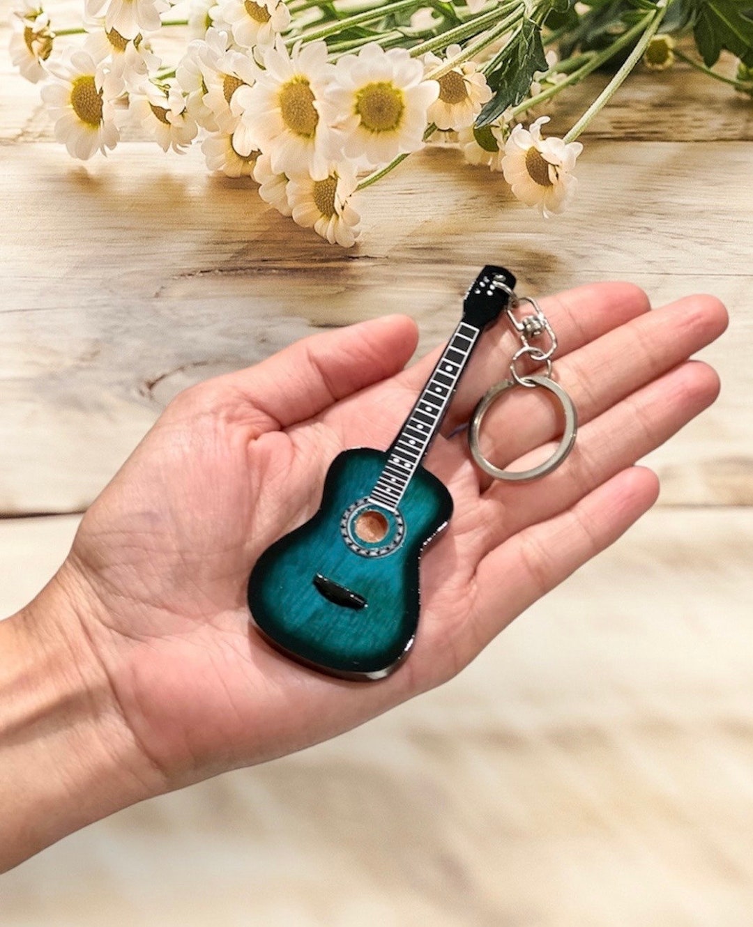 Acoustic Green Mini Guitar Key Ring 10cm Designs Wooden Handmade Music ...