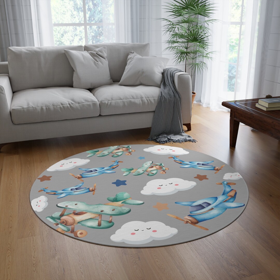 Round Kids Airplane Rug Nursery Decor, Kids Room Decor, - Etsy