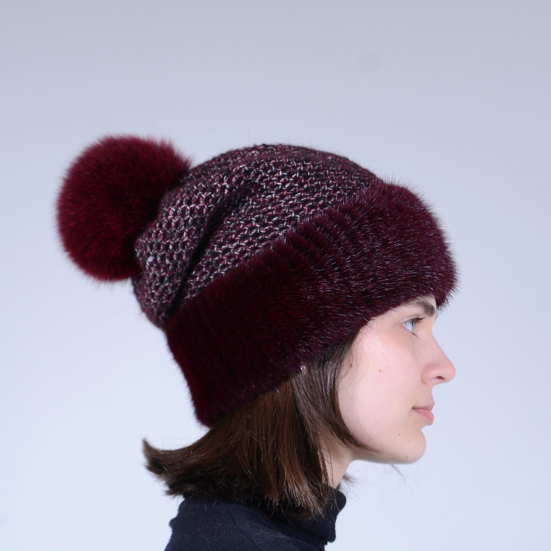 Women Beanie Fur Cap Real Mink Fur Arctic Fox Fur Pompom and Soft ...