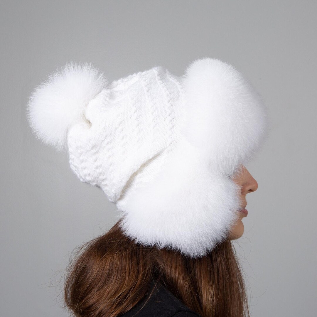 White Fox Fur Hat Ushanka Fur Hat Knit Hat Fur Hat - Etsy