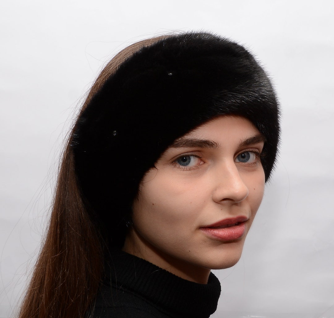 Woman Mink Fur Headband Black/blue Color - Etsy
