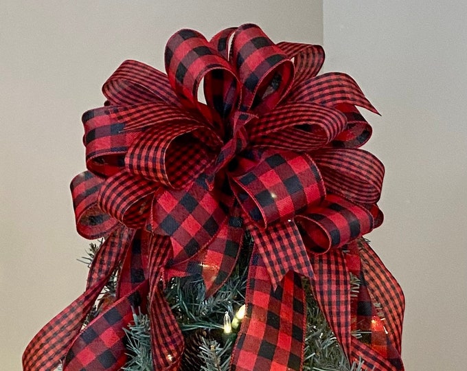 Christmas Tree Topper Bow Buffalo Plaid Red Black Gingham Handmade
