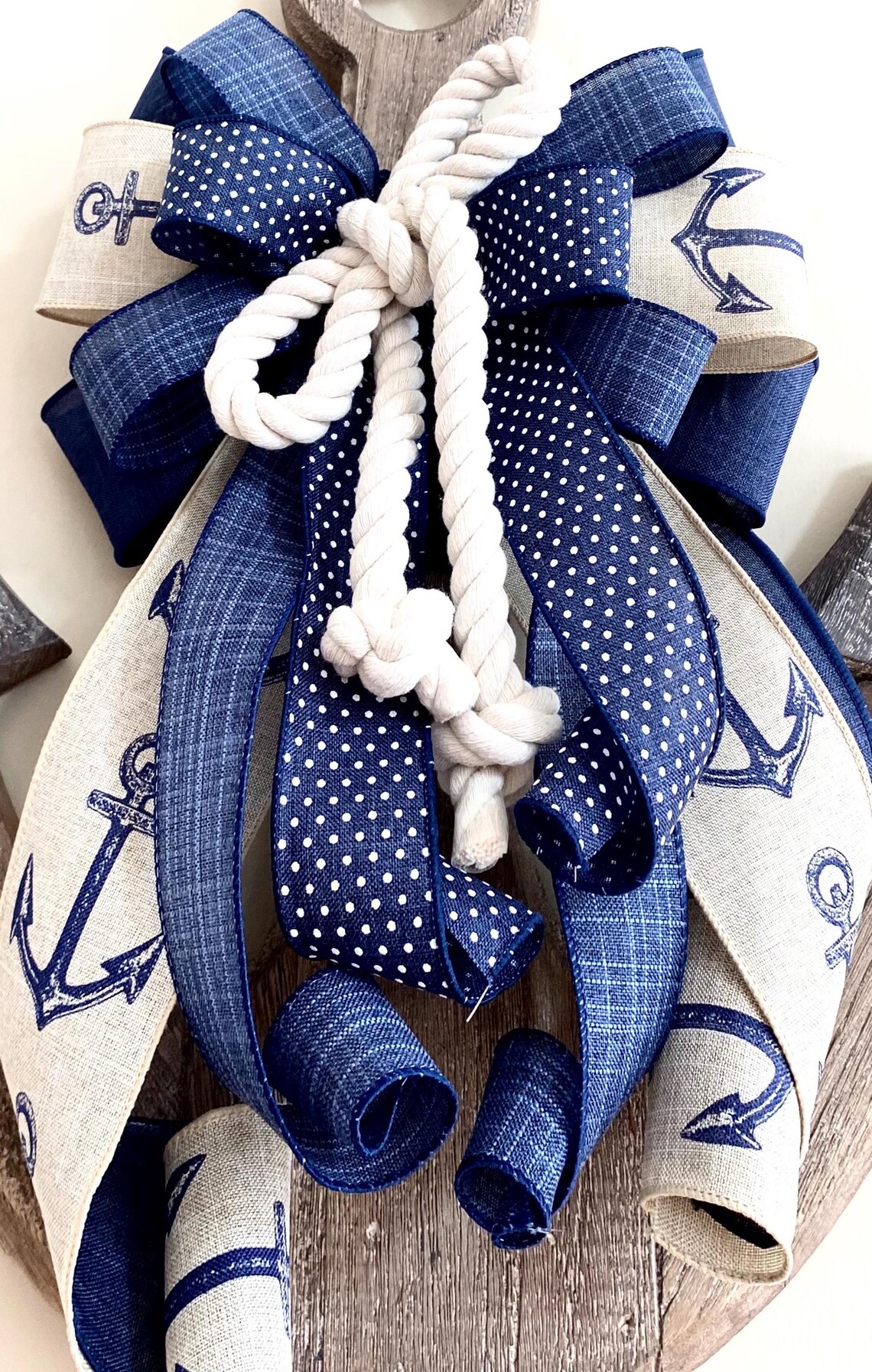 Nautical Bow, Navy Blue, Linen, Anchor Print, Handmade Bow, Cotton Rope ...