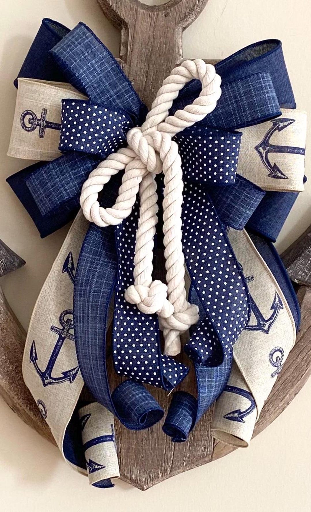 Nautical Bow, Navy Blue, Linen, Anchor Print, Handmade Bow, Cotton Rope ...