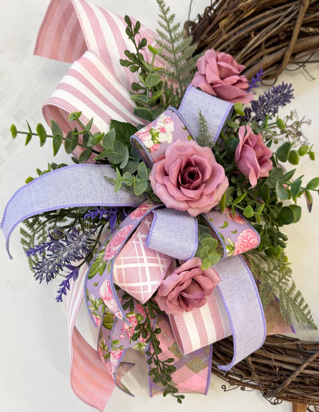 Springtime Bow, Roses, Greenery, Pinks, Lavender, Stripes, Floral Print ...