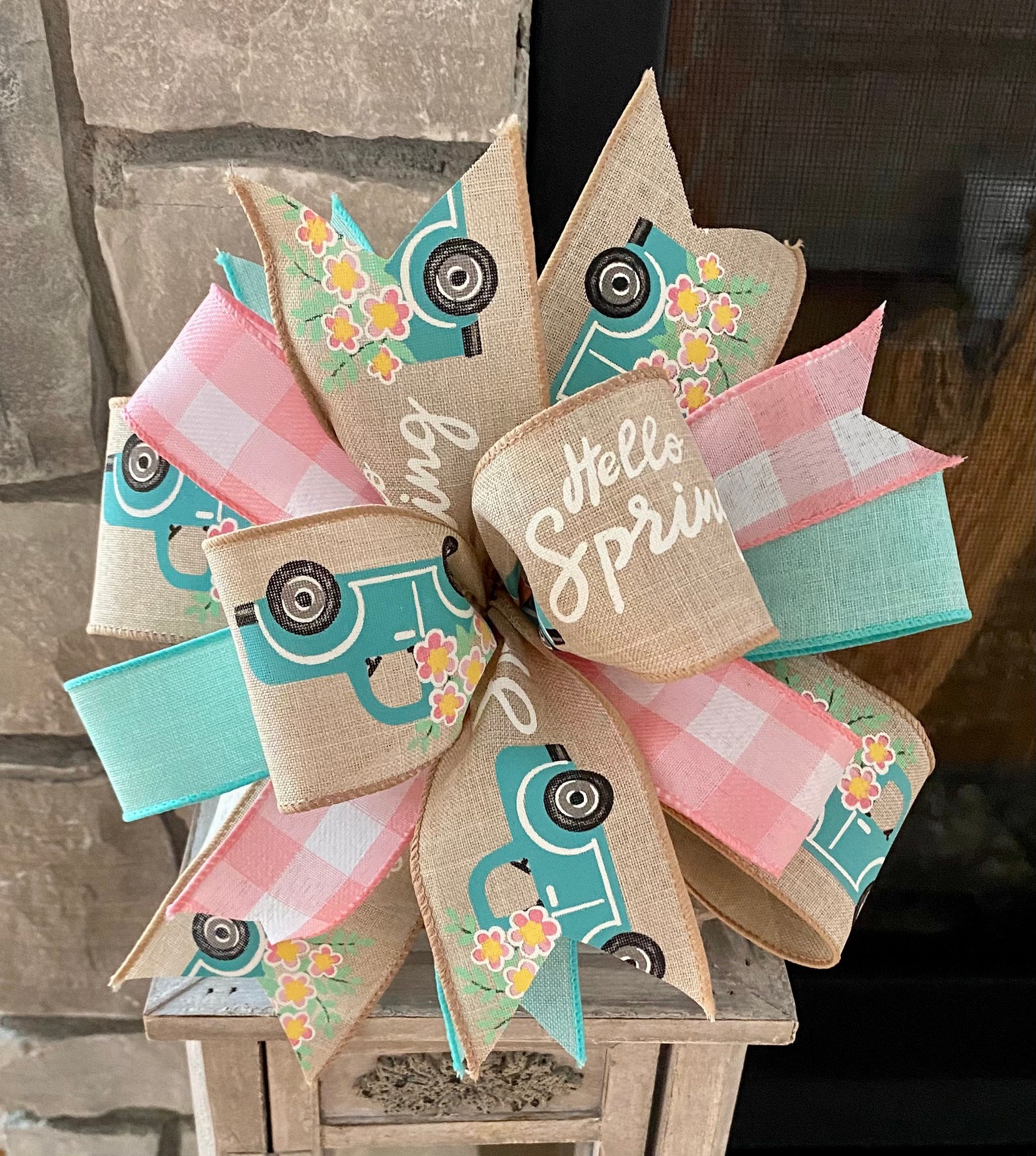 Springtime Bow Hello Spring Aqua Blue Truck Flowers Pink - Etsy