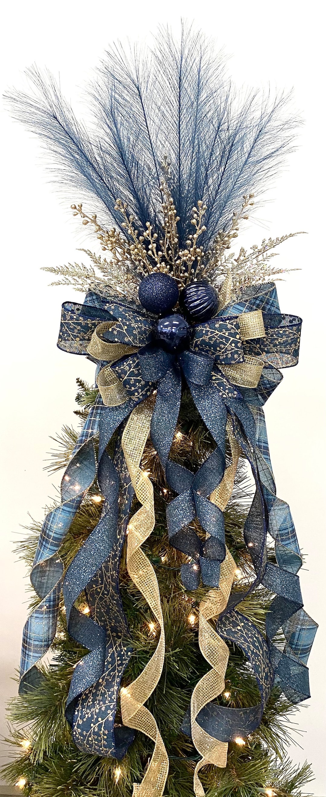 Blue Christmas Tree Topper, Navy Blue, Gold, Plaid, Glitter Branches on ...